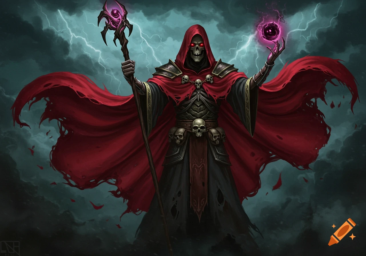 A skeletal lich wizard in a red cloak stands holding a staff and ...