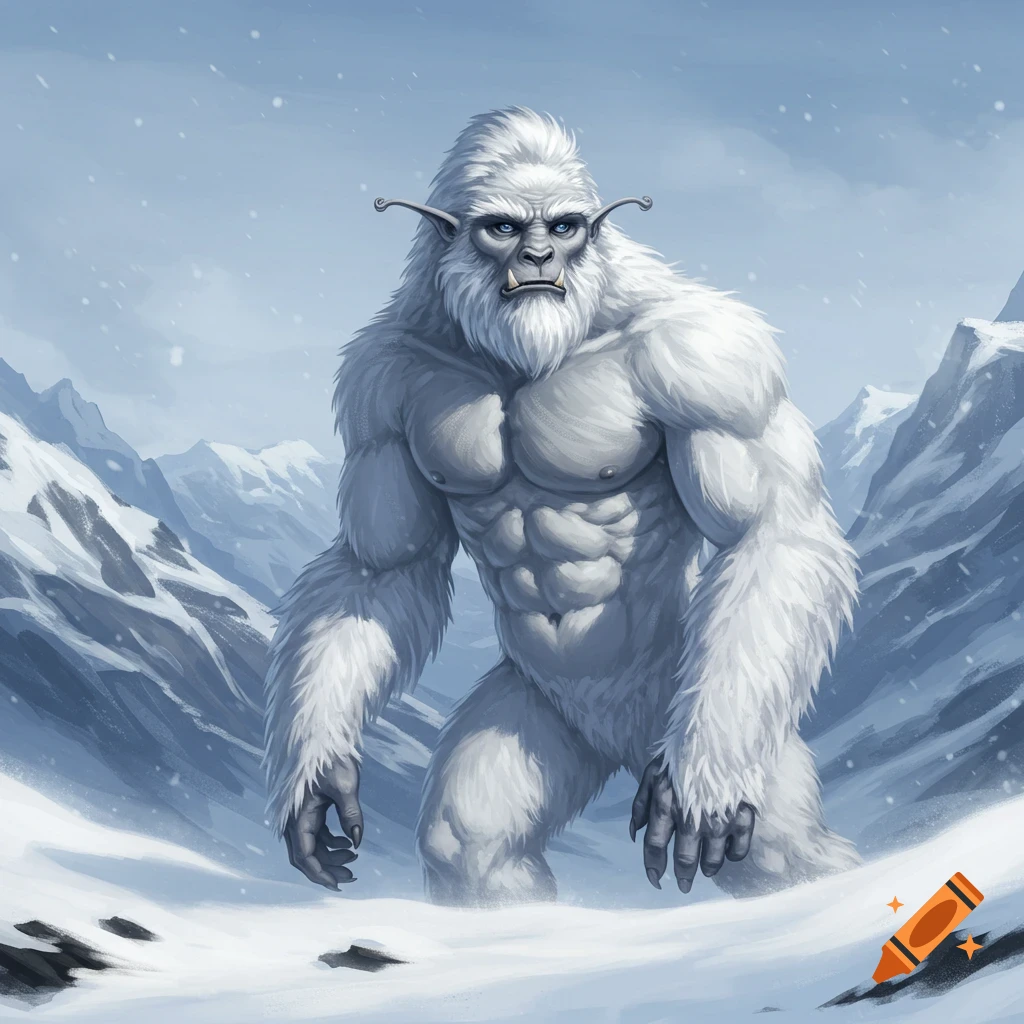 A large, muscular white yeti stands in a snowy mountain landscape with ...