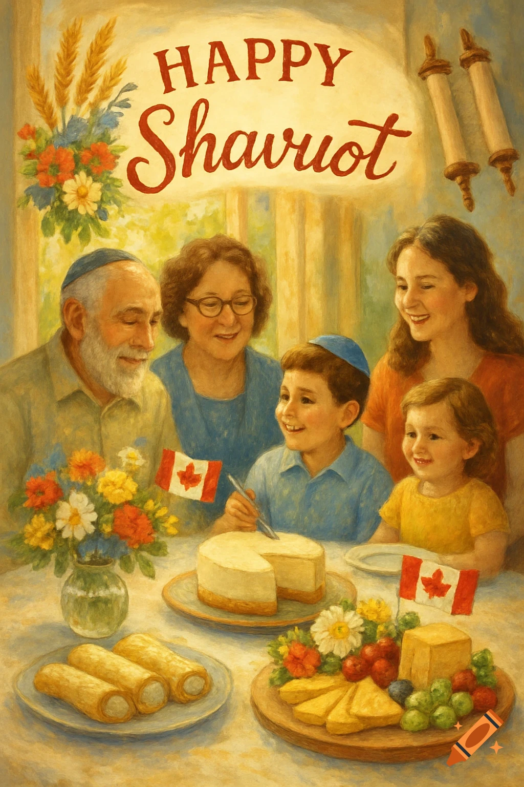 A painting of a Canadian Jewish family celebrating Shavuot around a ...