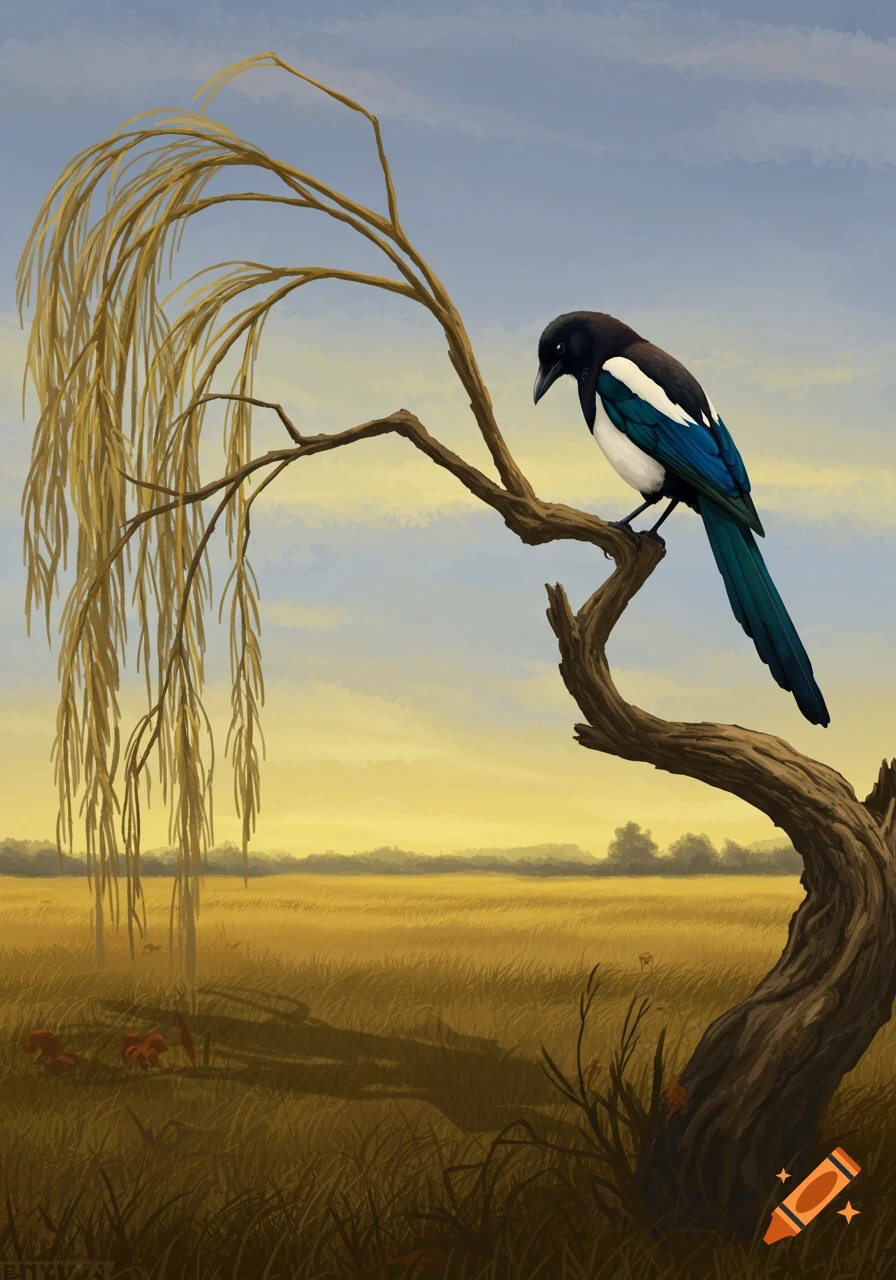 An illustration of a magpie perched on a weeping willow branch ...