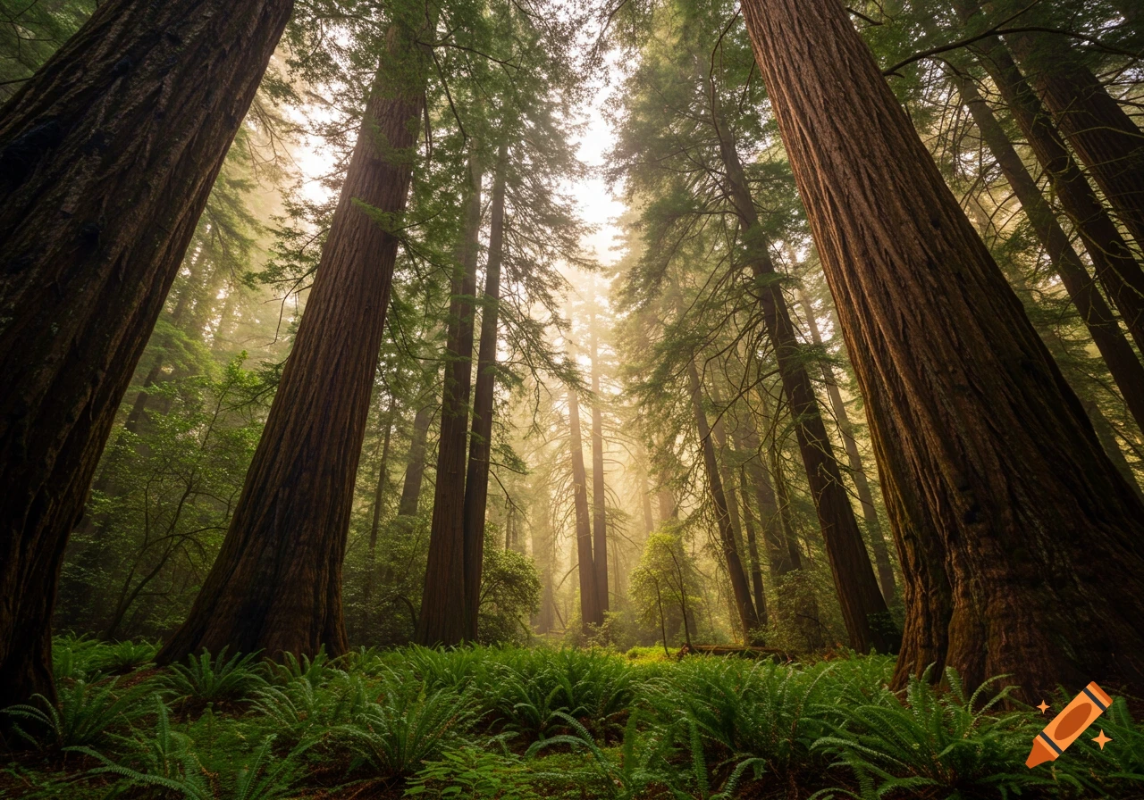 Sunlight streams through a misty forest of tall trees and ferns on Craiyon