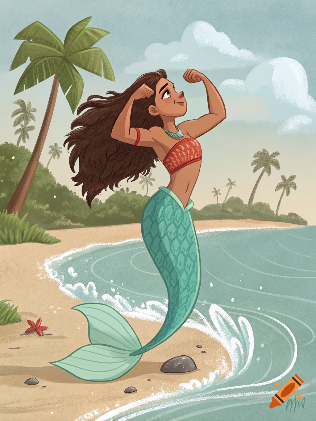 Illustration of Moana as a muscular mermaid flexing her biceps on a ...