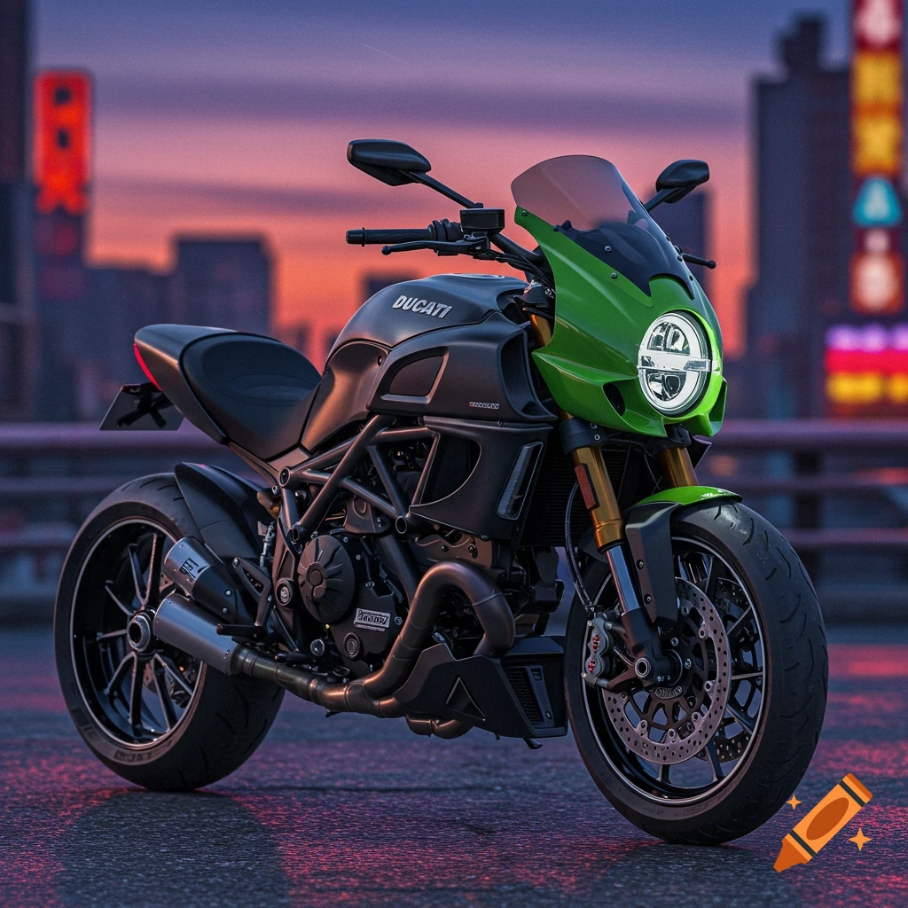 Custom black and green Ducati Diavel motorcycle parked with a city ...