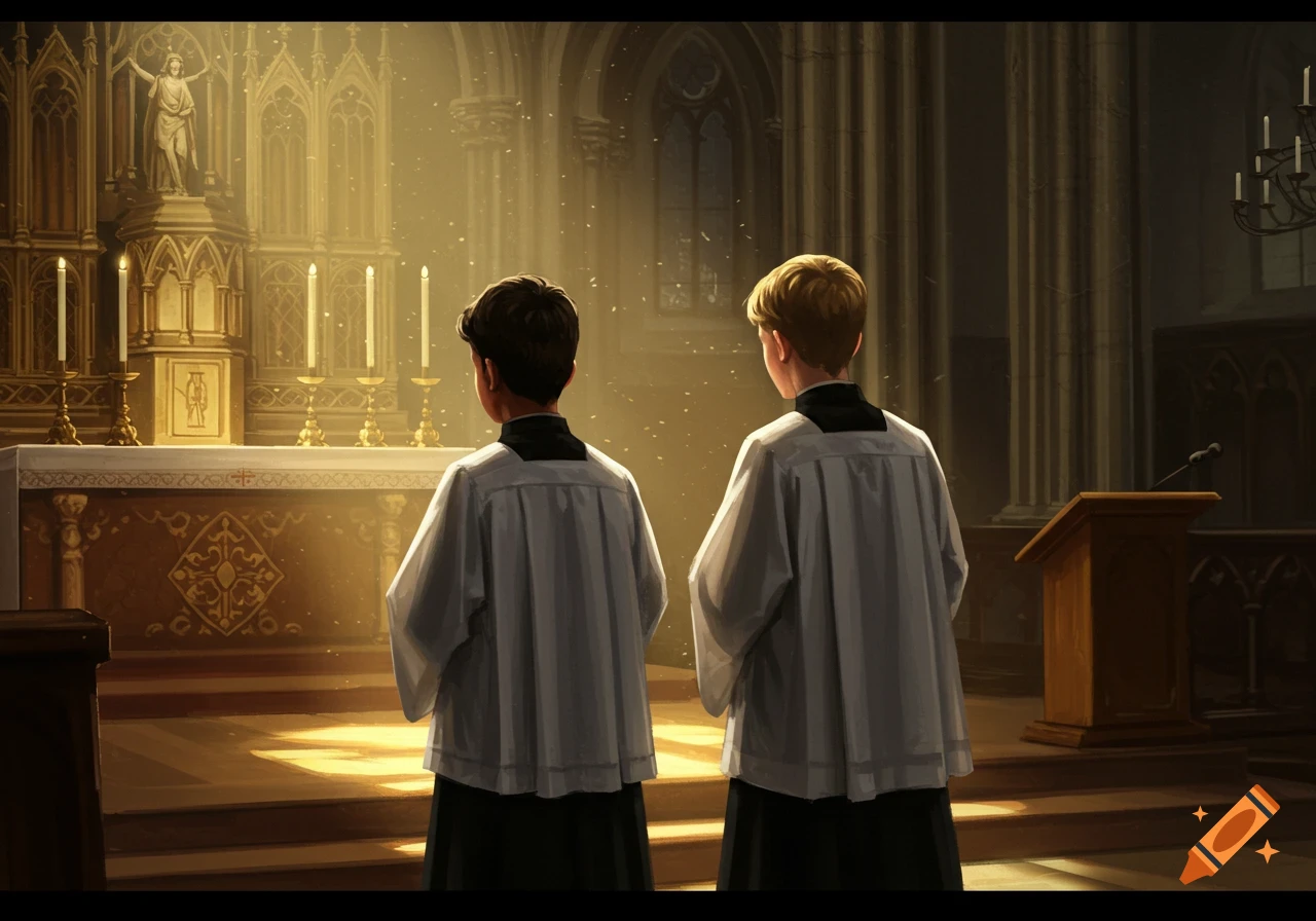 Two altar servers stand facing an altar in a sunlit church. on Craiyon