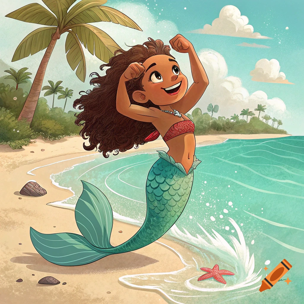 Cartoon illustration of a dark-skinned mermaid flexing her biceps on a ...