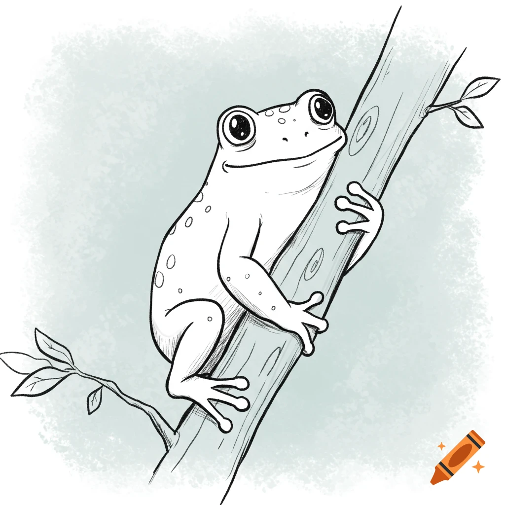 Simple black and white drawing of a frog hugging a tree branch. on Craiyon