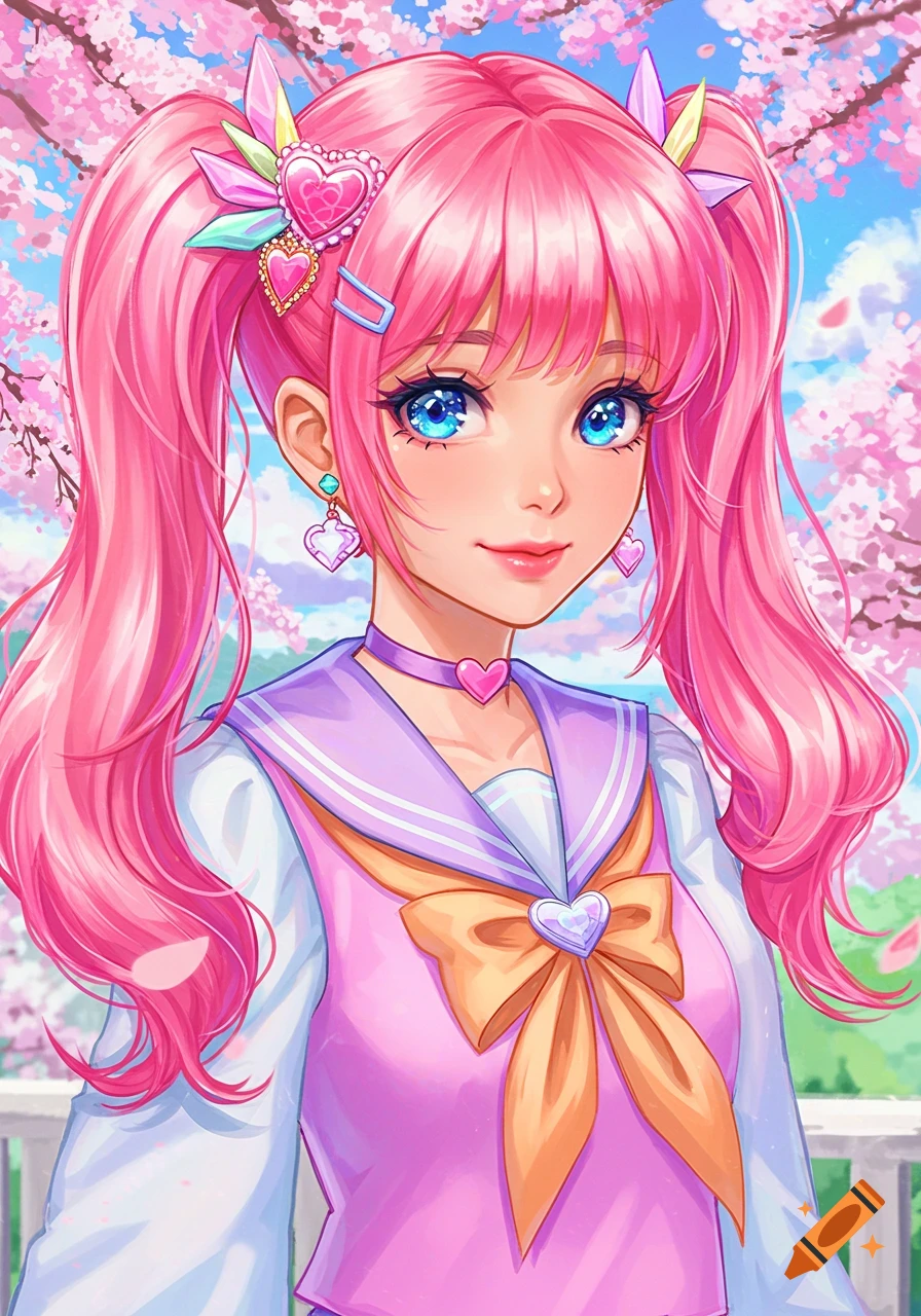 Anime portrait of a girl with pink hair and blue eyes in a school ...
