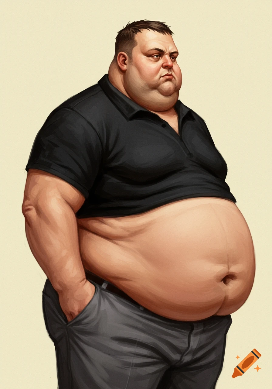 Illustration of a very fat man in a black shirt and grey pants. on Craiyon
