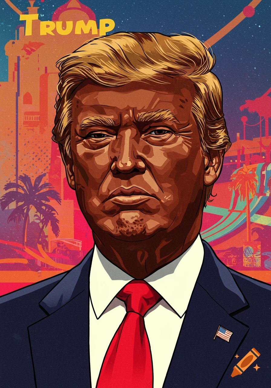 Stylized illustration of Donald Trump with the word TRUMP above him. on ...