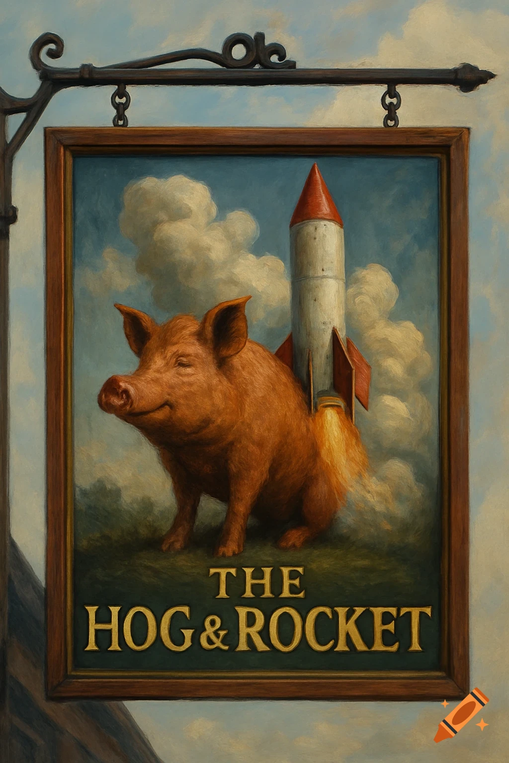 Painting of a pub sign for 'The Hog & Rocket' featuring a pig with a ...