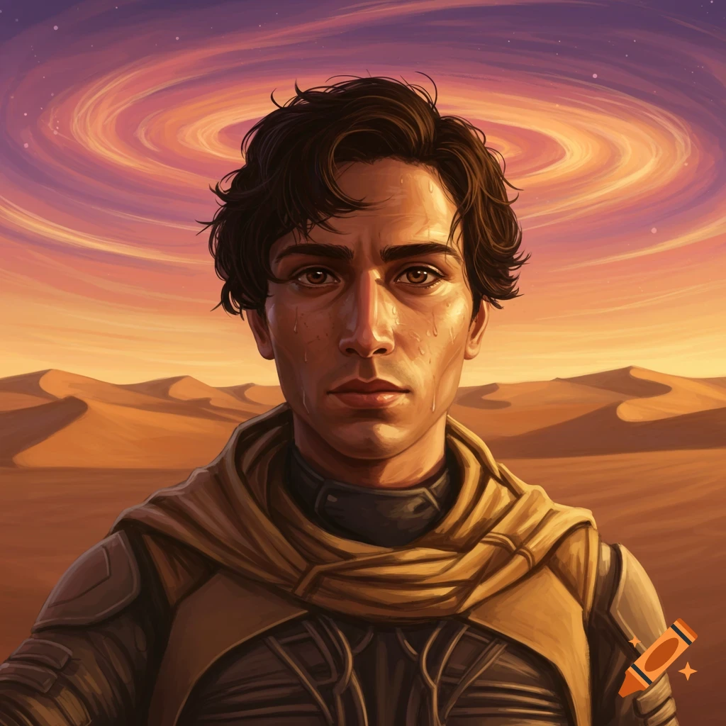 Portrait of a young man in desert gear, sweating, against sand dunes ...