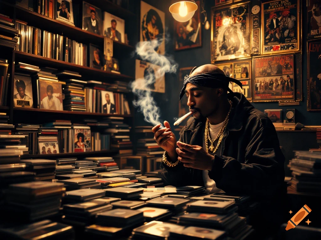 Tupac Shakur smoking a blunt surrounded by stacks of hip-hop CDs and ...