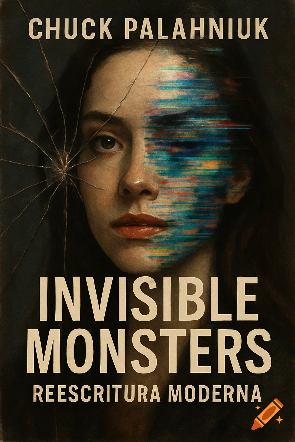 Book cover with woman's face, glitch effect, cracked texture, and title ...