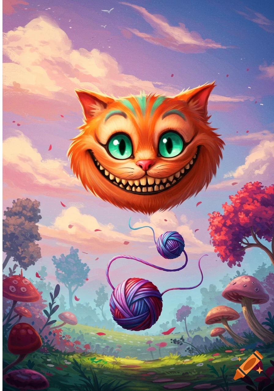 Cheshire Cat head floats above fantasy landscape with yarn balls on Craiyon