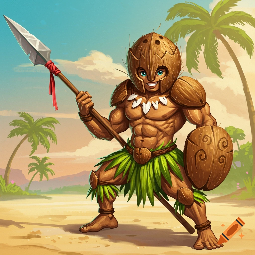 A cartoon warrior character with coconut armor and head stands on a ...