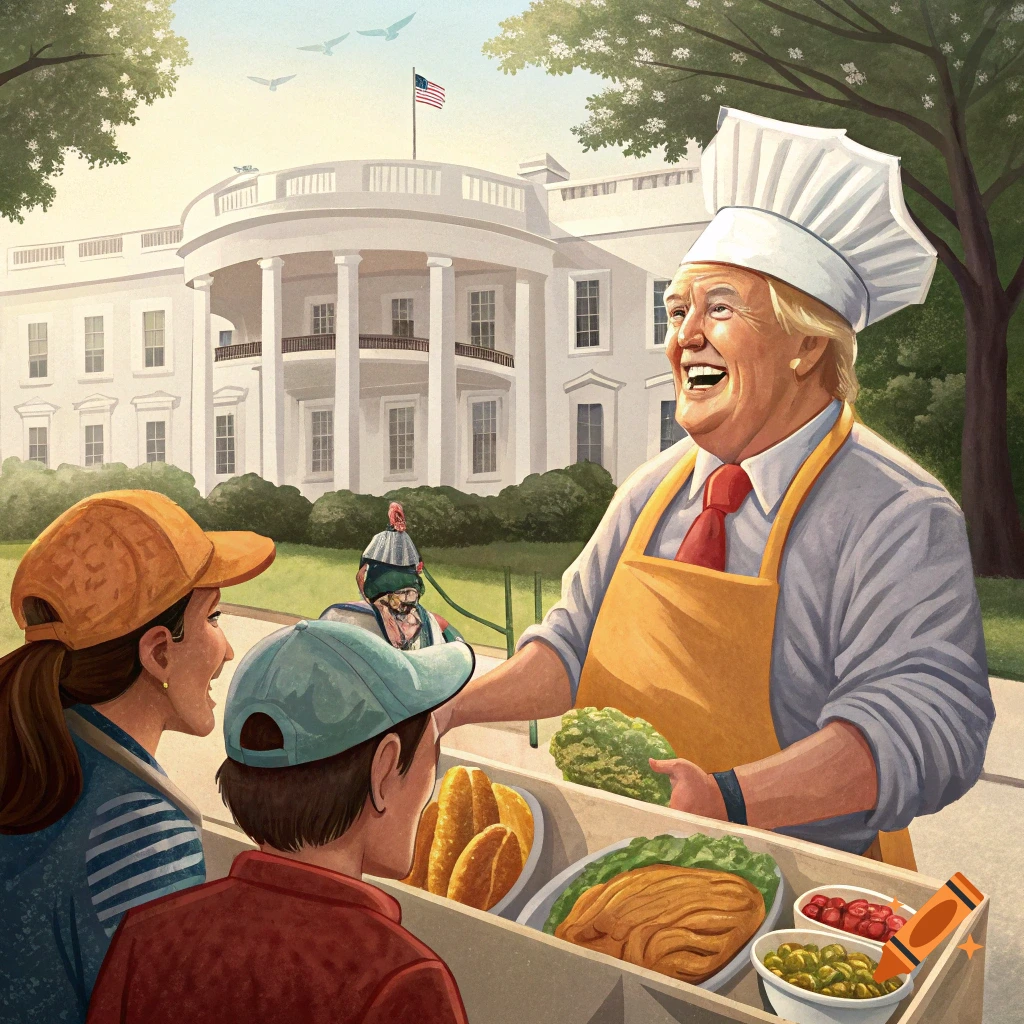 Cartoon illustration of Donald Trump dressed as a chef selling food ...