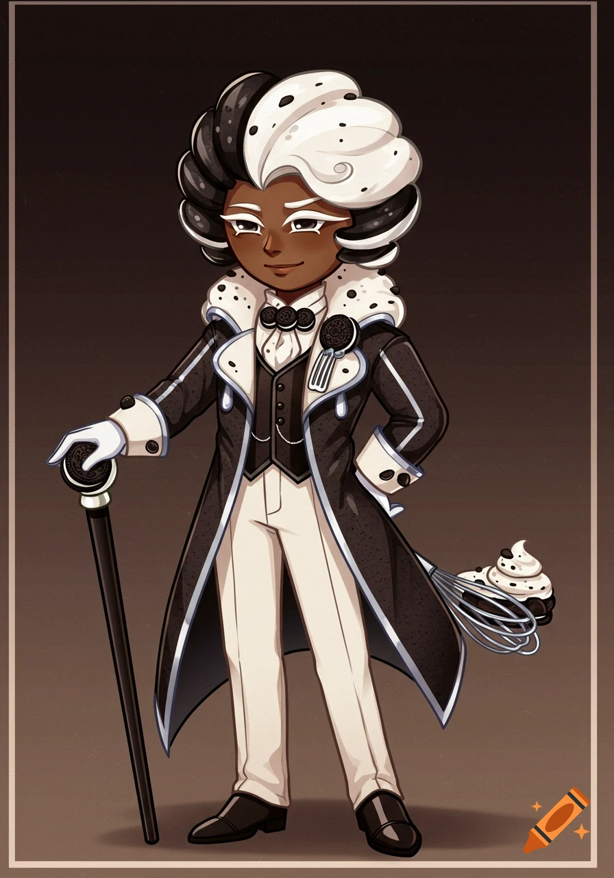 Stylized character resembling an Oreo cookie, wearing a black and white ...