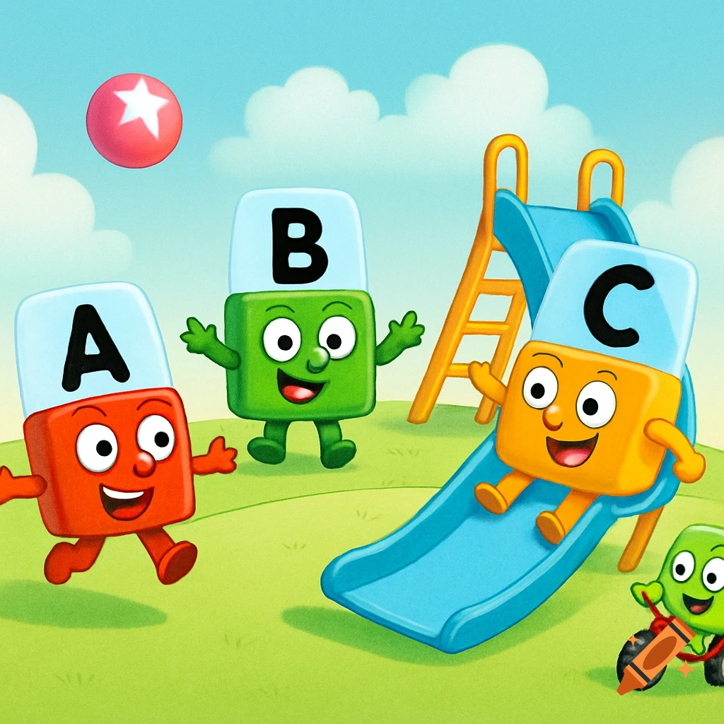 Cartoon characters A, B, and C playing on a slide and grass on a sunny ...