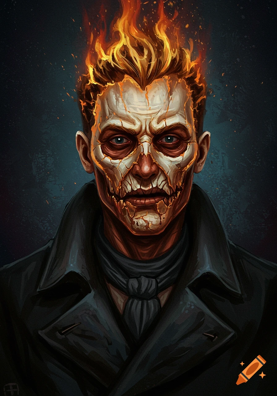 Portrait of a man with a cracked, burned face and fiery hair, wearing a ...