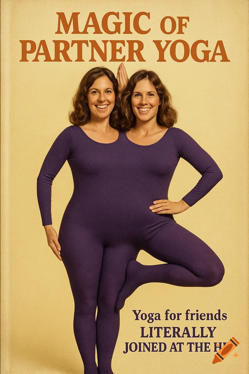 Vintage book cover style image of two women merged into one body doing ...