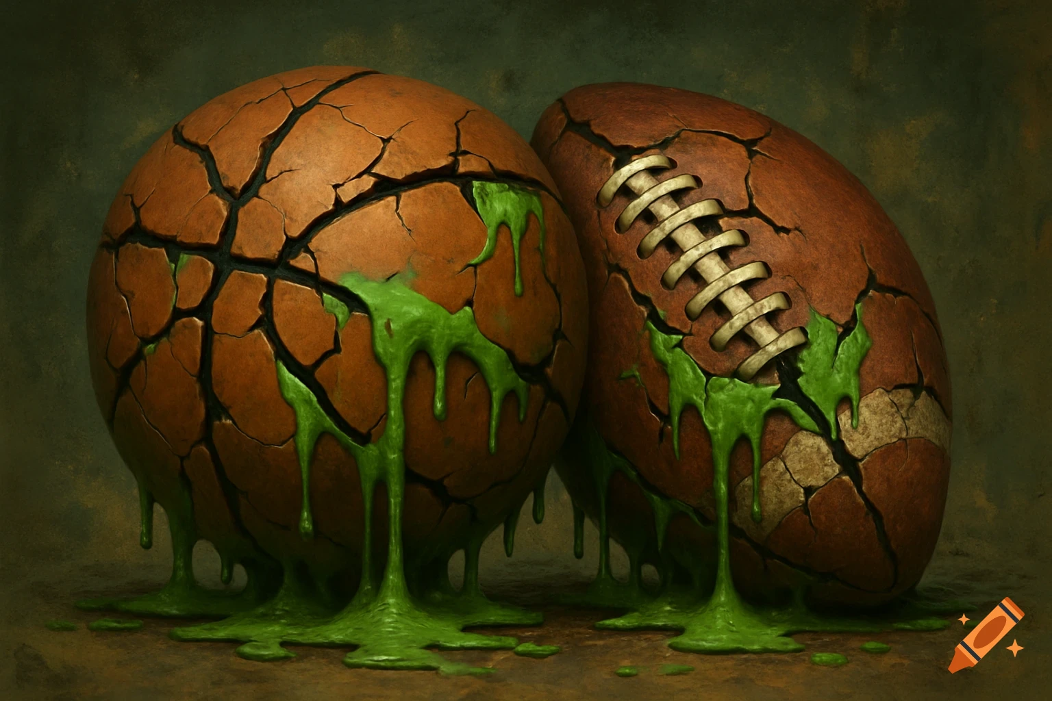 Cracked basketball and football balls dripping green slime. on Craiyon