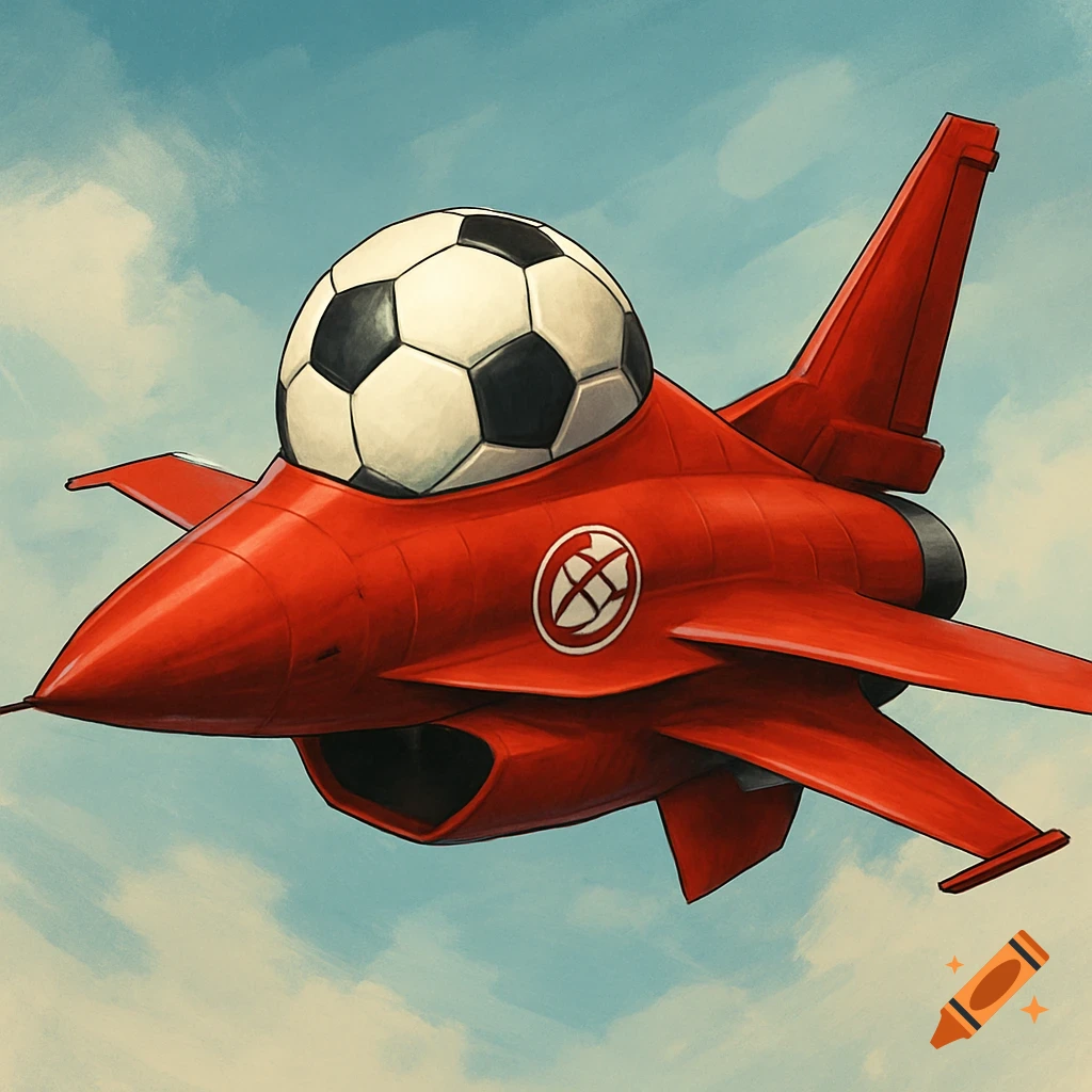 A red fighter jet with a soccer ball for a cockpit flies through a ...