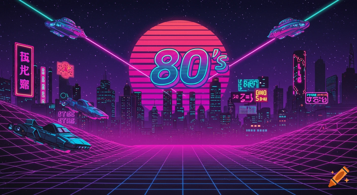 80s retrofuturistic city at night with neon grid, flying vehicles, and ...