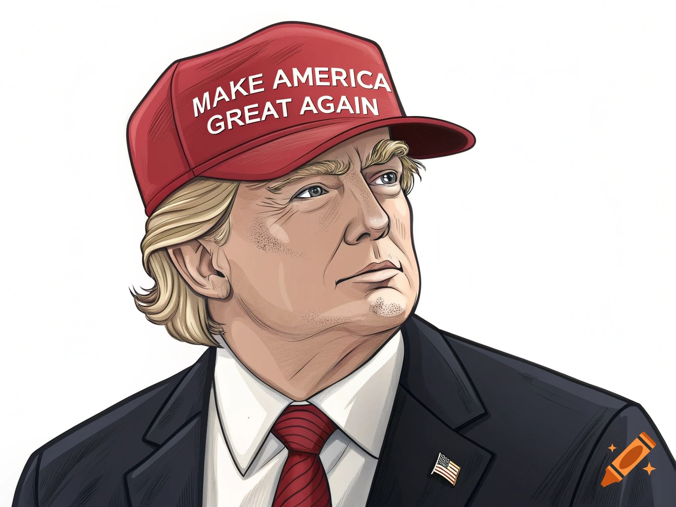 Cartoon portrait of Donald Trump wearing a red 'MAKE AMERICA GREAT AGAIN' hat. on Craiyon