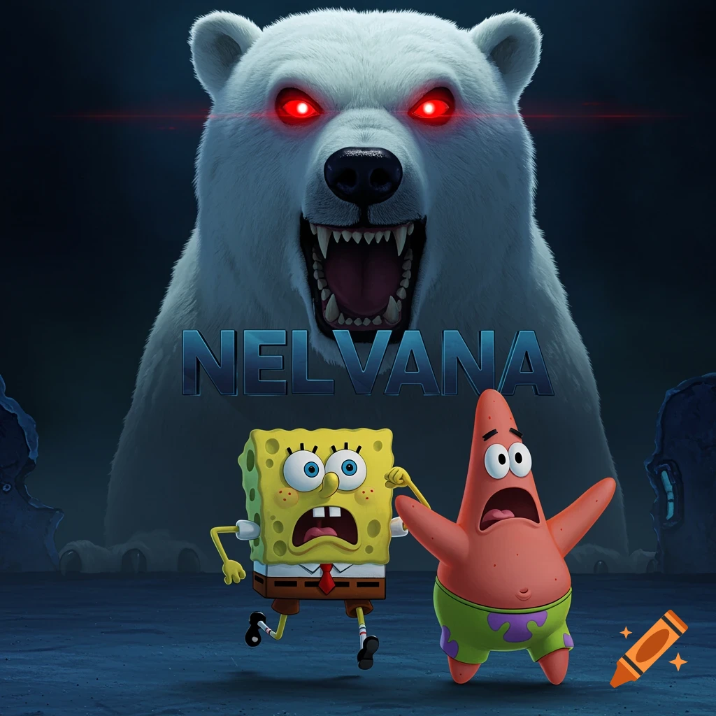 Spongebob and Patrick run in fear from a giant evil polar bear with red eyes. 'NELVANA' text is ...
