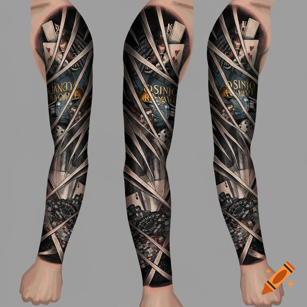 Abstract tattoo sleeve design with jagged lines, cards, dice, and poker ...