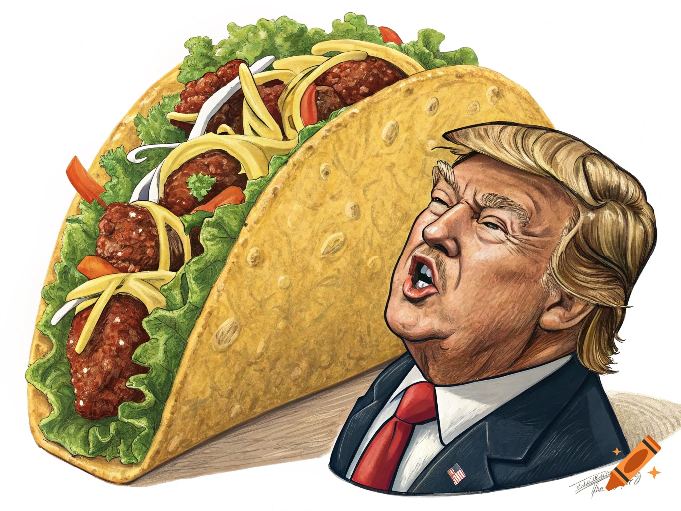 Caricature illustration of Donald Trump next to a large taco. on Craiyon