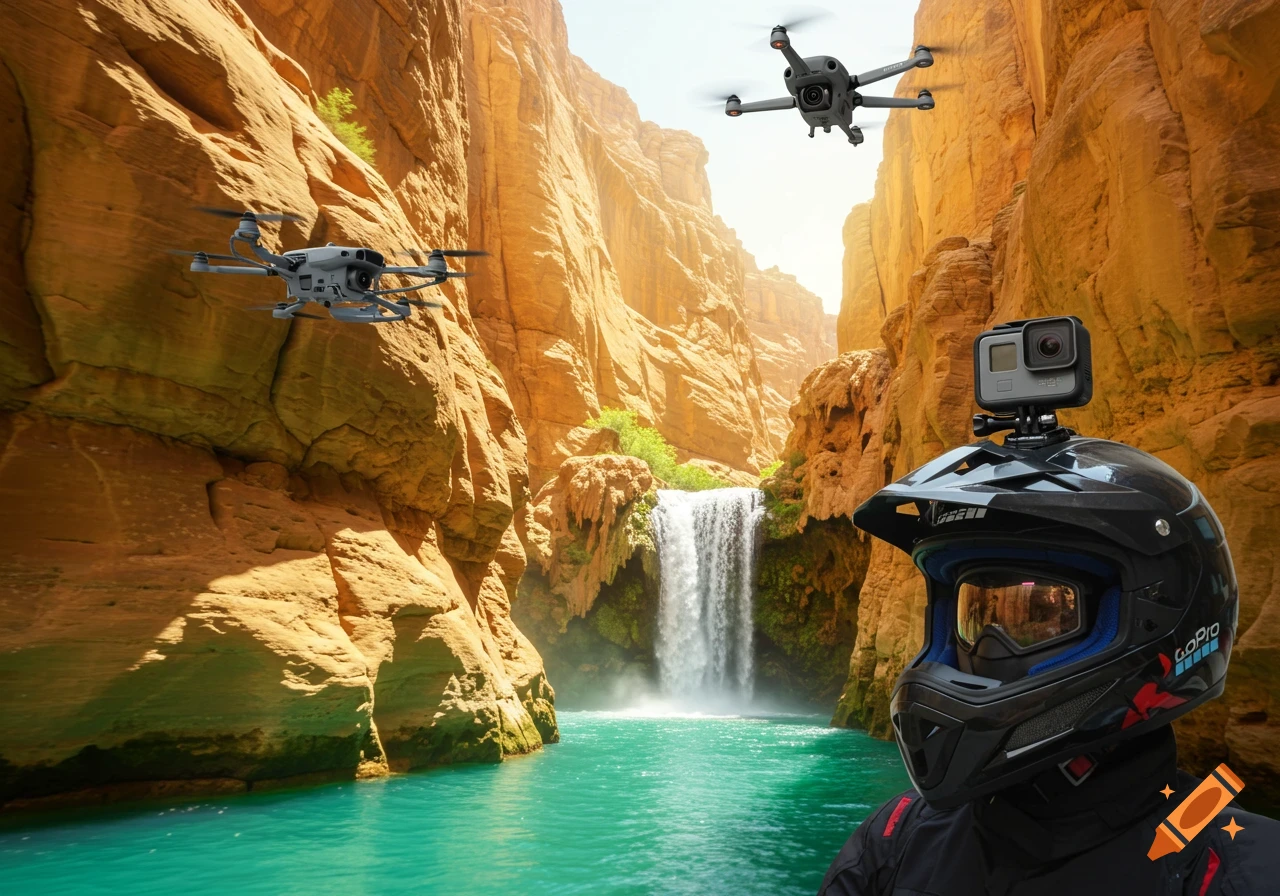 Two drones fly in a canyon with a waterfall and turquoise water while a ...
