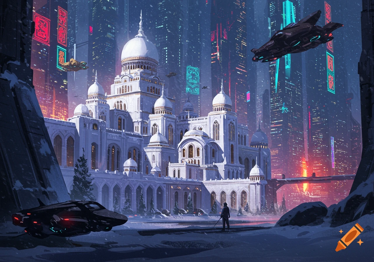 Snowy cyberpunk cityscape with a large white palace, flying futuristic ...