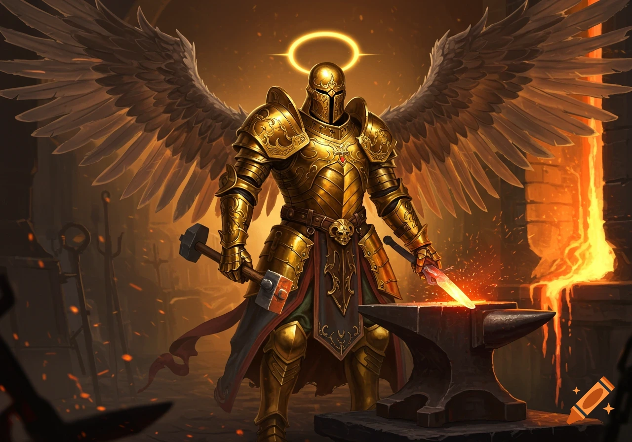 A golden armored angel with wings stands in a blacksmith forge, holding ...