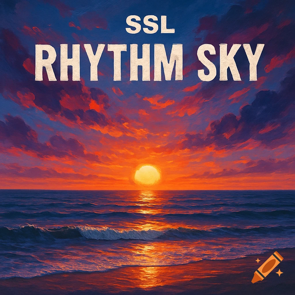 Painting of a vibrant sunset over the ocean with text overlay on Craiyon