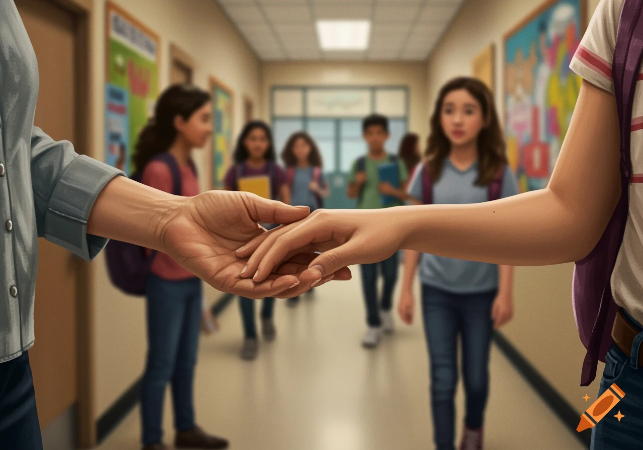 Close-up of two hands reaching toward each other in a blurred school ...