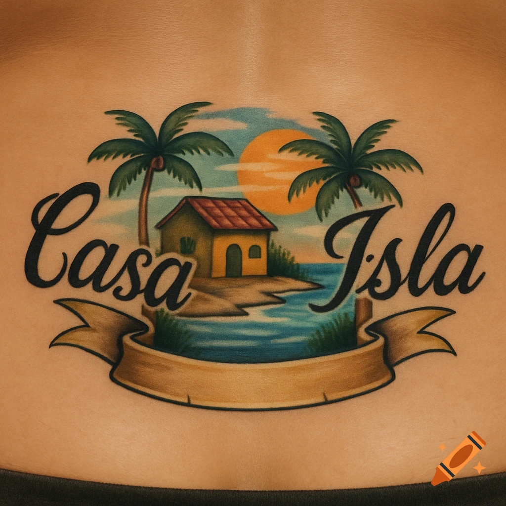 A tattoo of a tropical island scene with the text Casa Isla on skin. on ...
