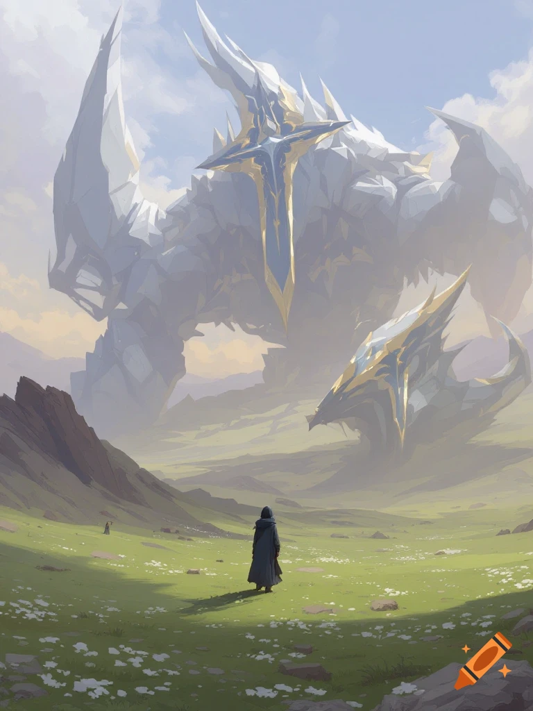 A hooded figure stands in a grassy field, looking towards a gigantic ...