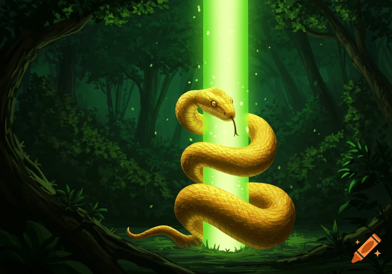 A glowing gold snake is wrapped around a thick green beam of light in a ...