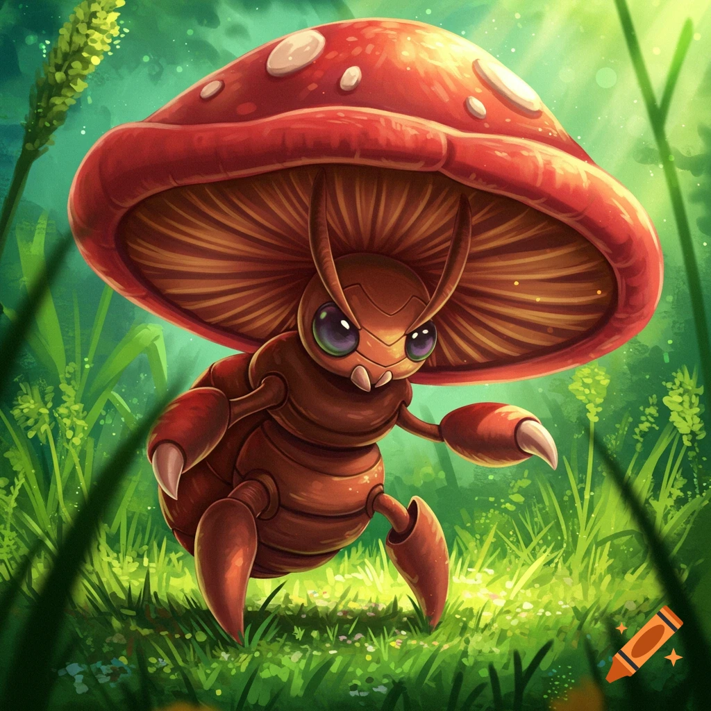 Cartoon creature resembling a Pokemon Parasect, with a mushroom cap ...