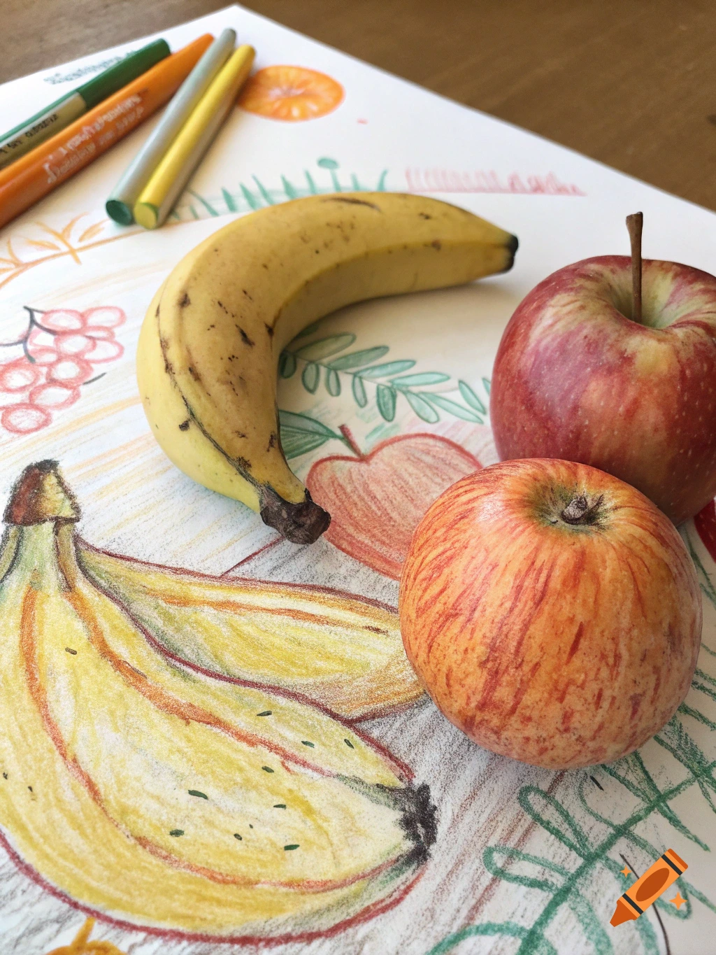A photograph of a banana and two apples on a crayon drawing of fruit ...