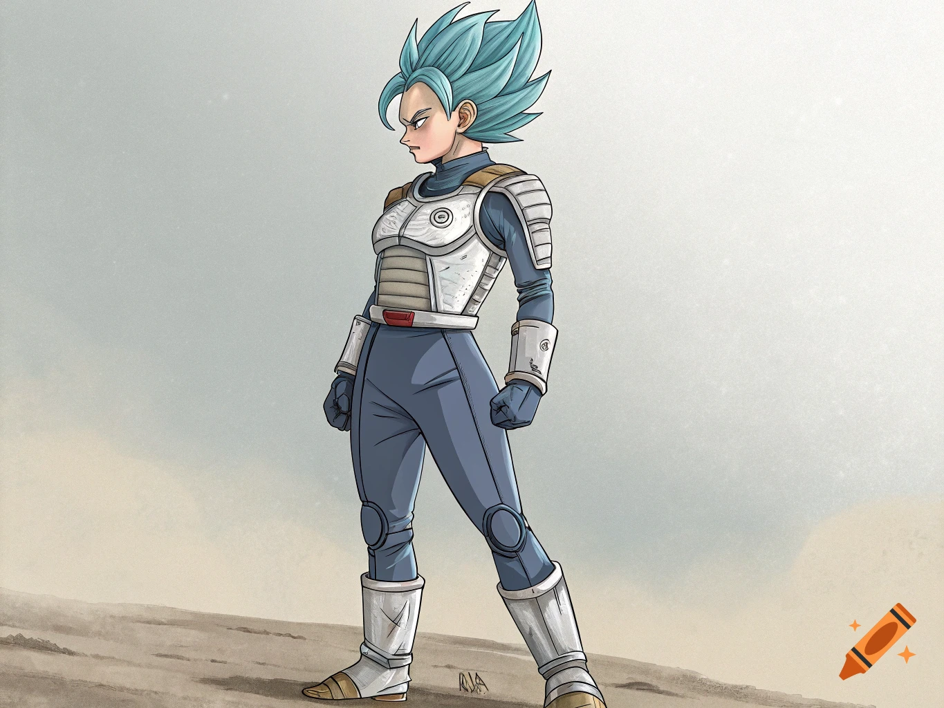 Anime style character with blue spiky hair wearing Saiyan armor stands ...