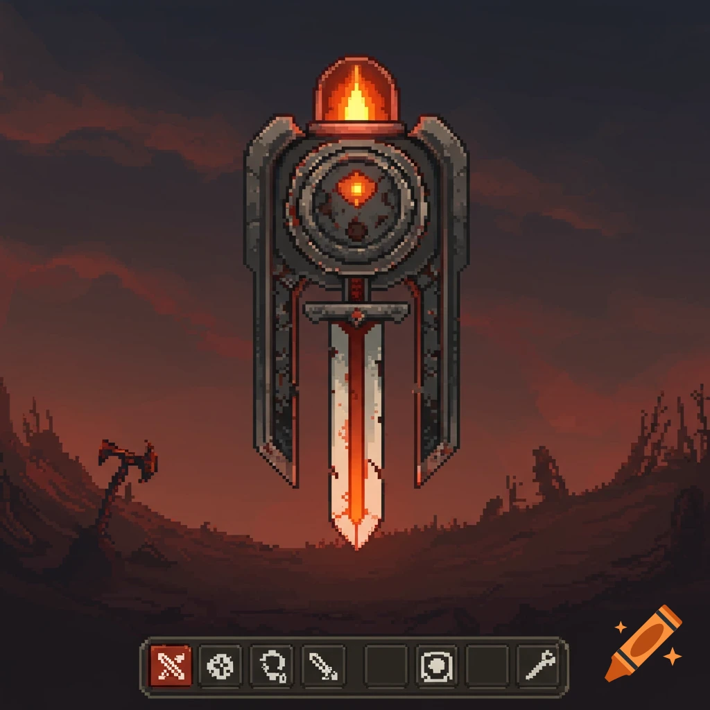Pixel art of a large, glowing sword beacon in a post-apocalyptic ...