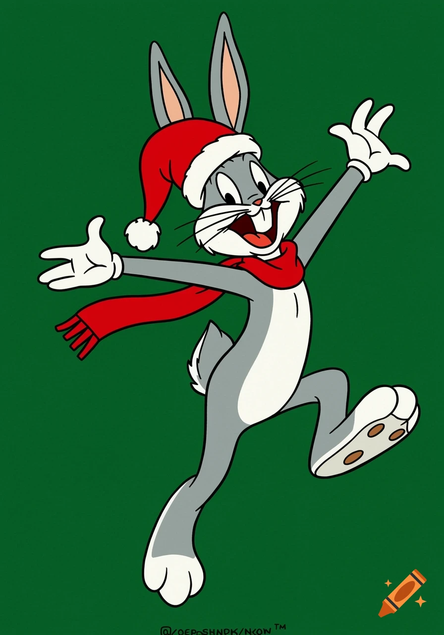 Bugs Bunny wearing a Santa hat and red scarf, jumping happily. on Craiyon