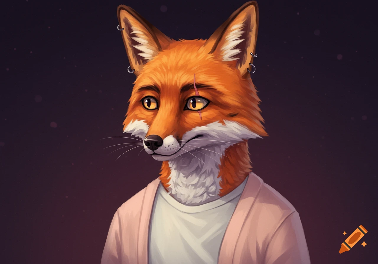 An illustration of an anthropomorphic fox character with a scar, ear ...