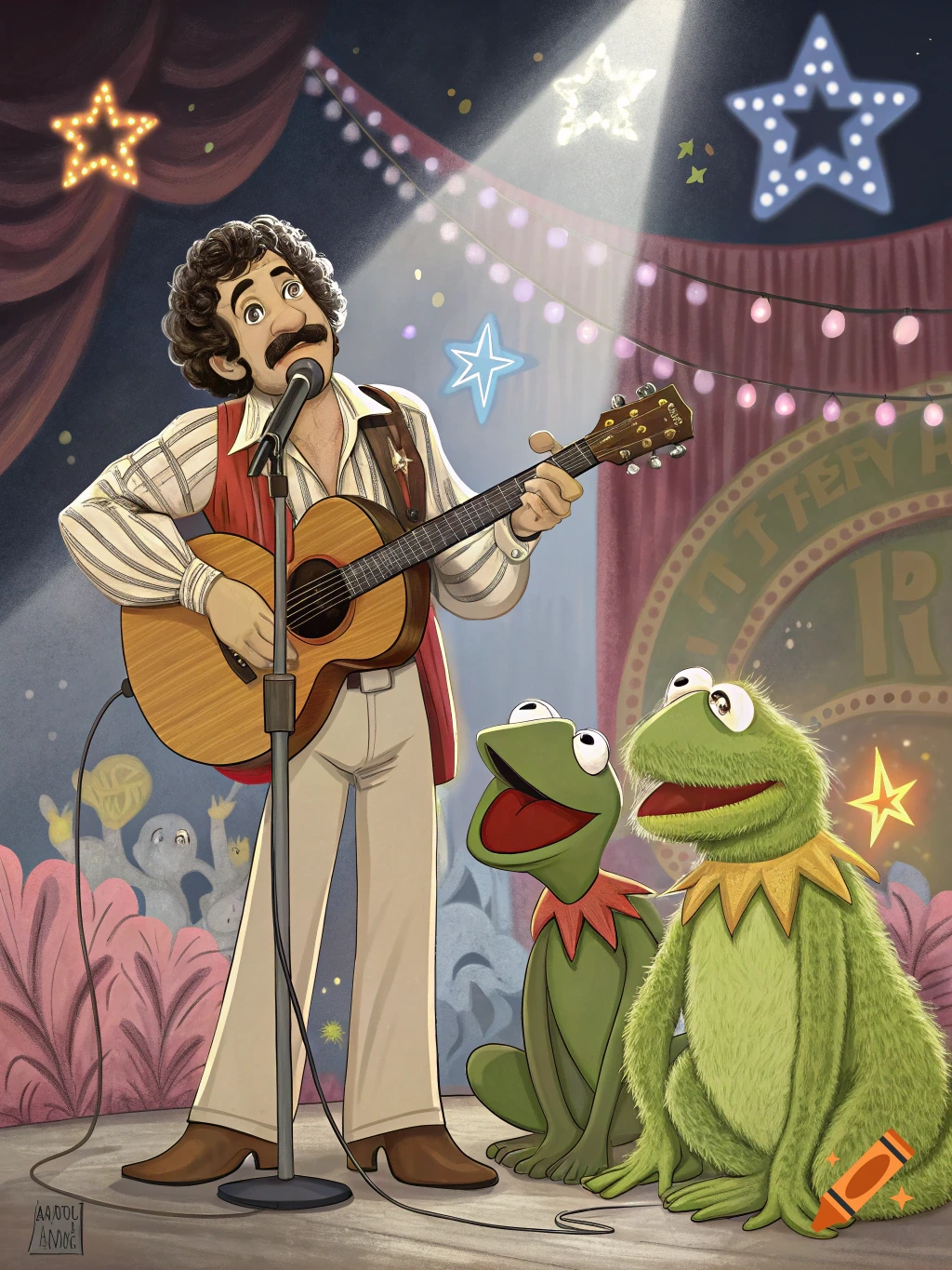 Illustration of a man resembling Jim Croce playing guitar on a stage ...