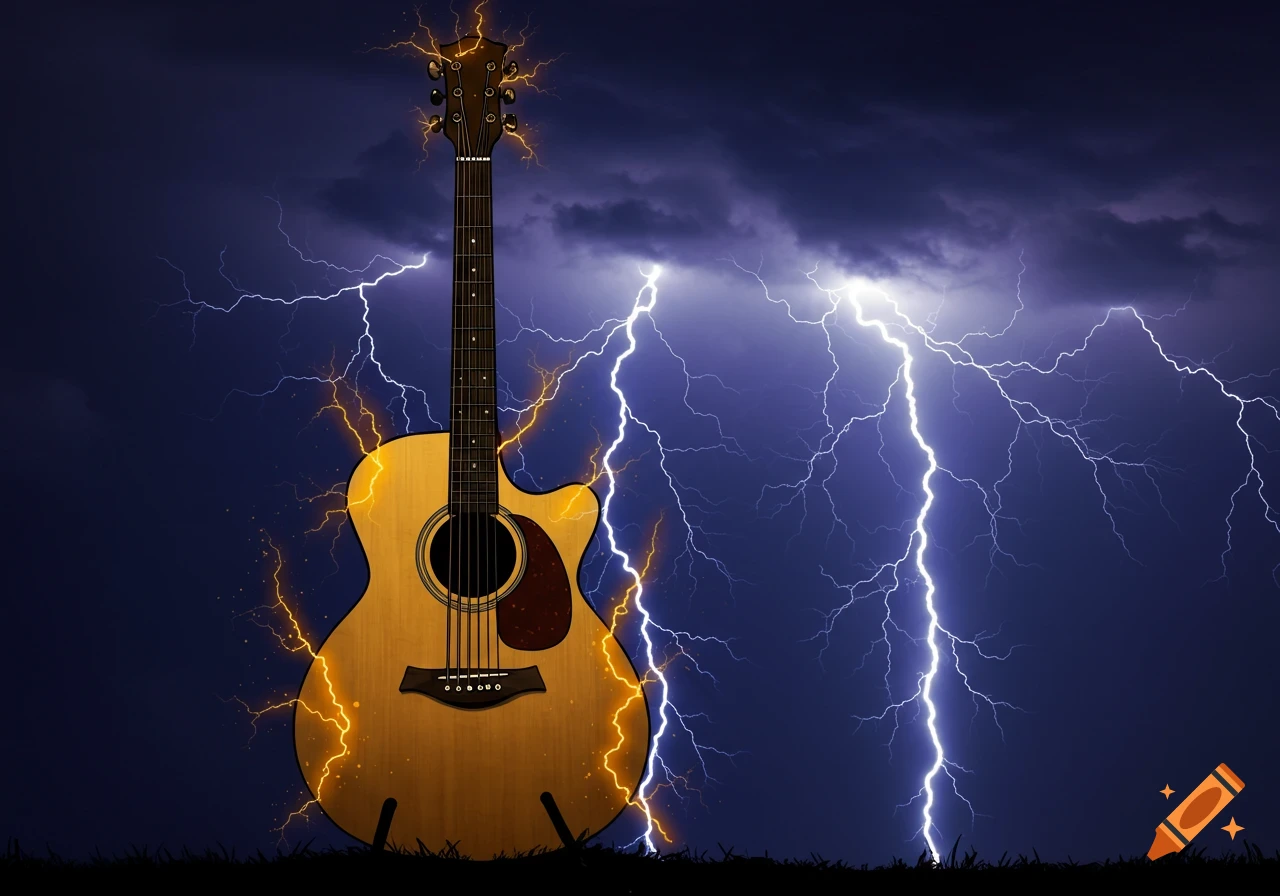 An acoustic guitar against a dark stormy sky with dramatic lightning ...