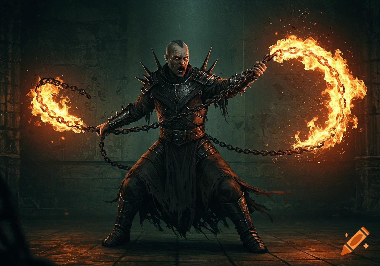 A dark fantasy villain wields flaming chains in a dark dungeon. on Craiyon