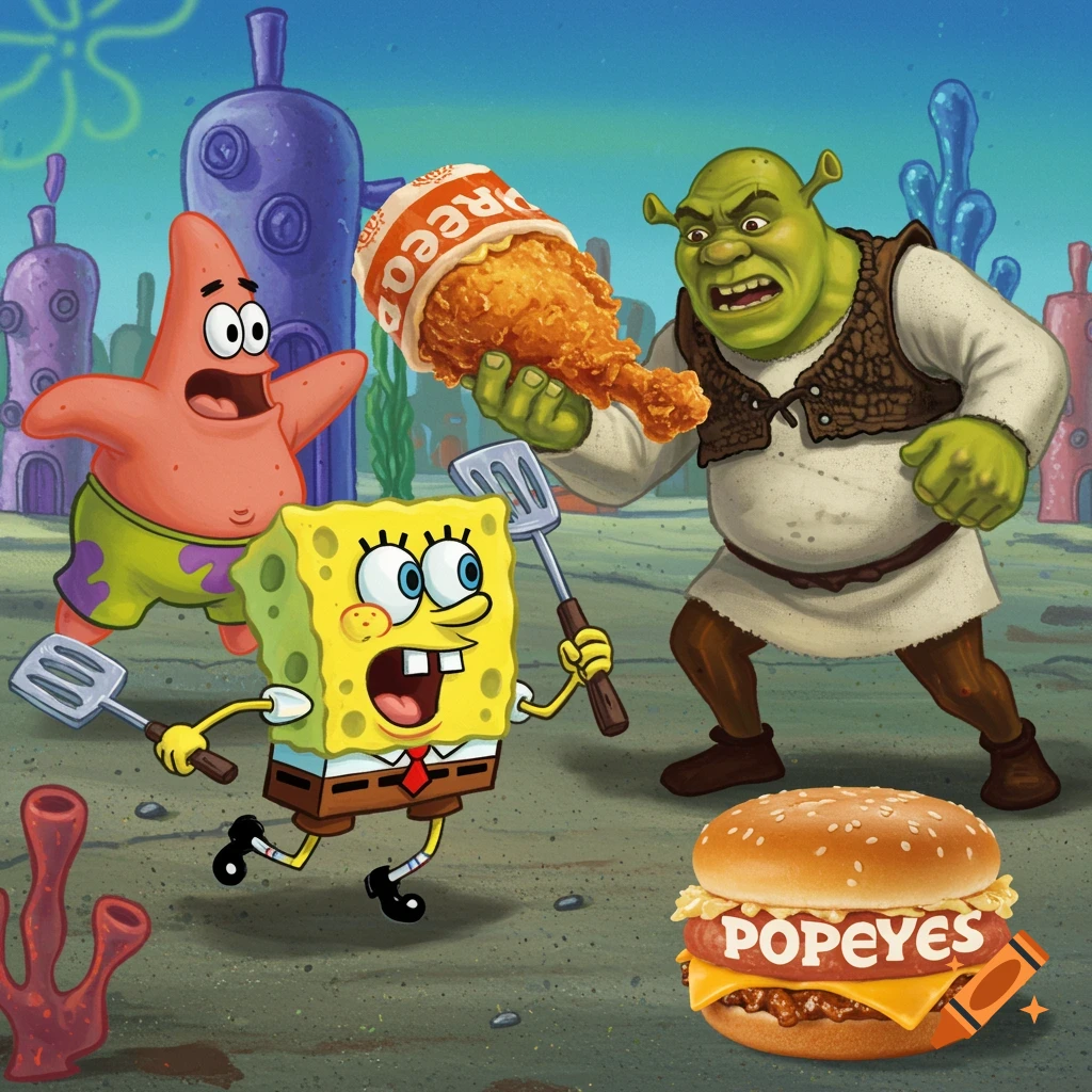 SpongeBob and Patrick fight Shrek over fried chicken and a burger in ...