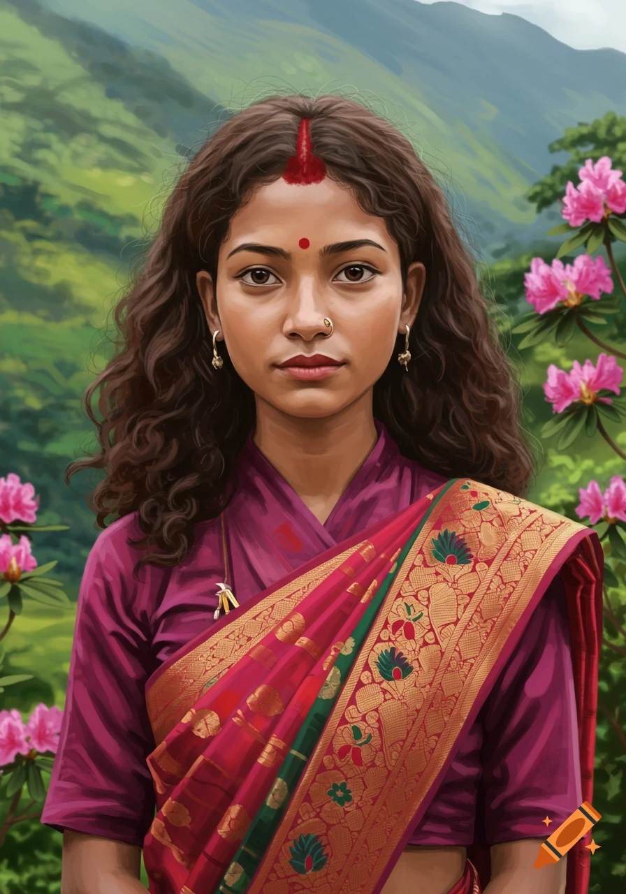 Portrait of a young woman in a red and gold sari against a mountain and ...